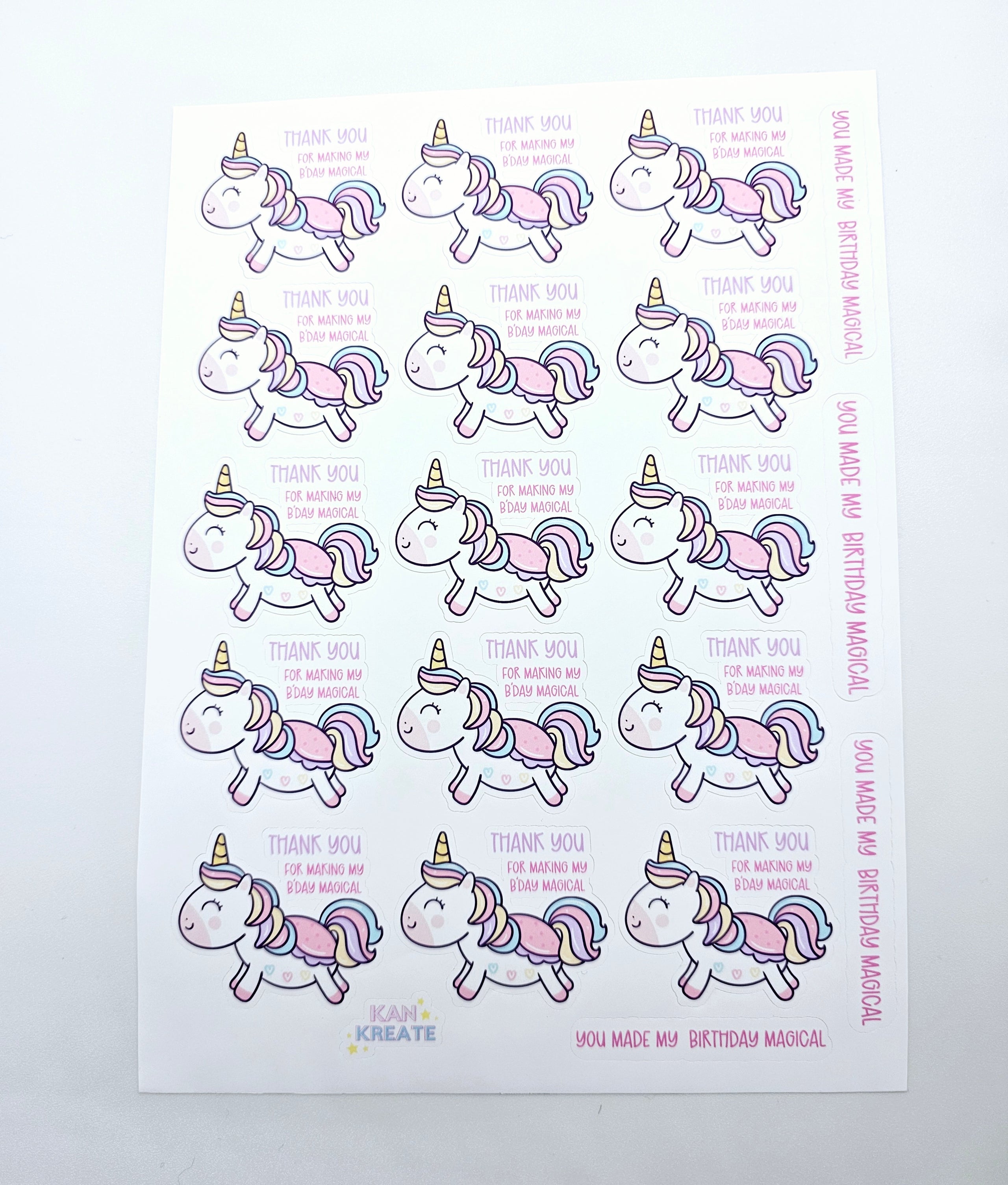 Unicorn Birthday Thank You Sticker Sheet | KAN Kreate